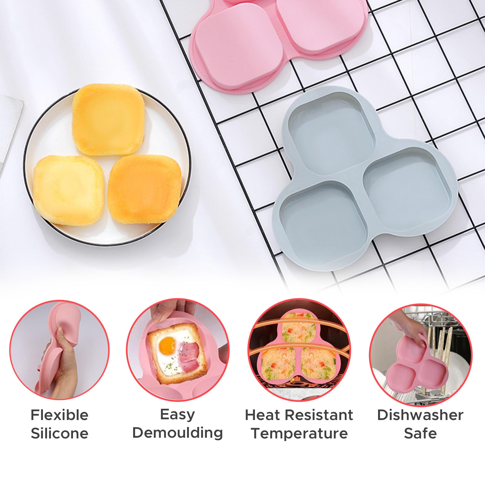 Non-Stick Air Fryer Pancake Maker, Reusable Air Fryer Egg Pan, Egg Poacher, Air Fryer Accessories, For Egg Sandwich, Hamburger, Muffin, Pancake (Square Silicone Pancake Egg Mold-3 cavity (Pink&Gray)