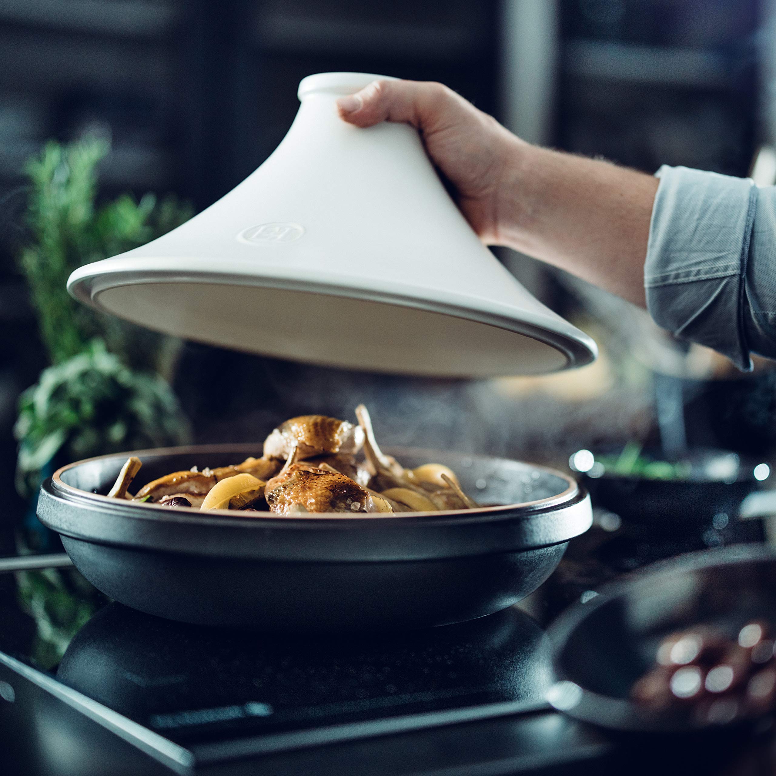 Emile Henry Delight Ceramic Tagine, 4.0 Quart, Slate with White