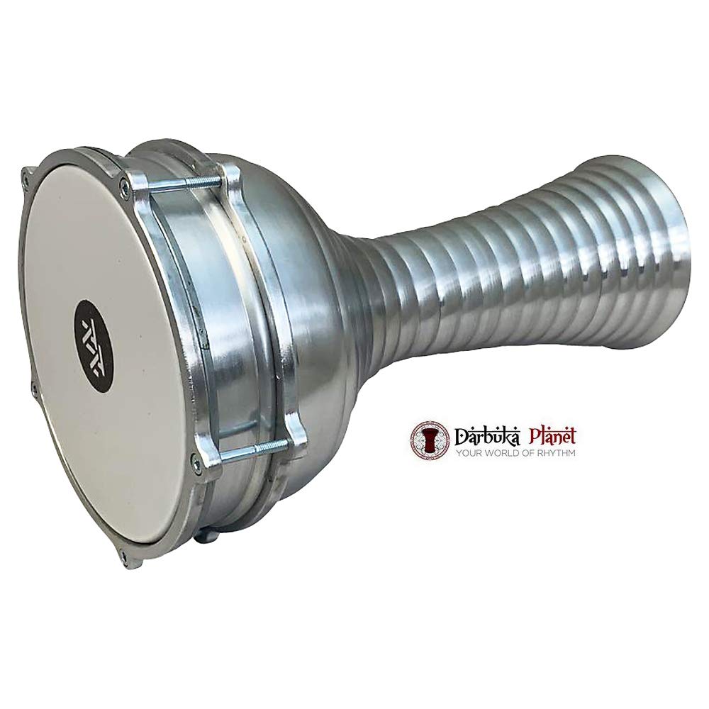ZAZA Percussion 16'' Length Aluminum Darbuka, 8" Tunable Synthetic Head and Internal Jingles Doumbek (Silver)