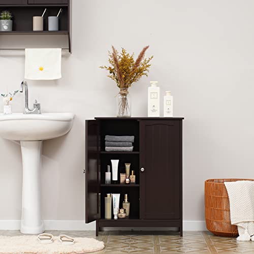 Iwell Bathroom Storage Cabinet, Modern Floor Cabinet with Adjustable Shelves & Double Doors, Freestanding Organizer Cabinet for Living Room, Bathroom, Bedroom, Espresso