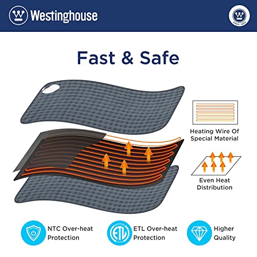 Westinghouse Electric Heating Pad for Back Pain Relief, Heated Neck Shoulder Wrap with 6 Heat Settings, 2-Hour Auto Shut-Off, Machine Washable, Extra Large 12x24 Inches (Grey)