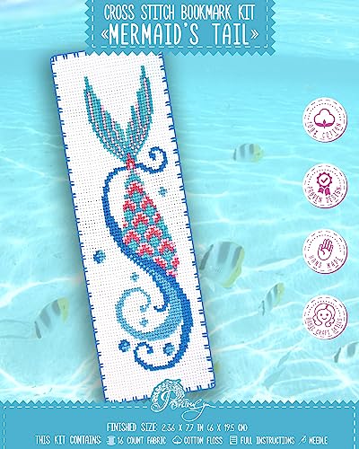 Povitrulya Mermaid's Tail - Counted Cross Stitch Bookmark Kit - DIY Embroidery Set for Adults with Paper Pattern, 16-Count Aida Canvas and Presorted Floss