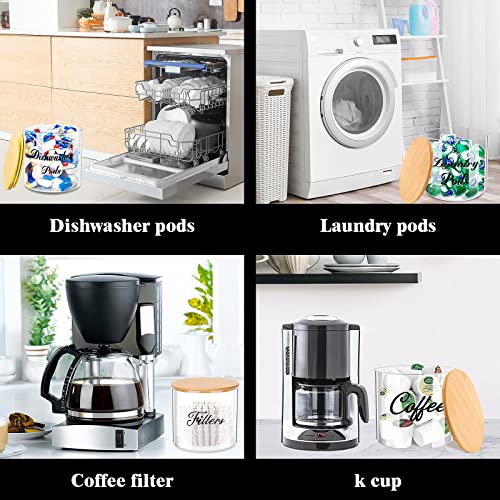 Laundry Pods Holder Container, 3Qt Big Glass Storage Container with Wood Lid, Stackable Large Clear Glass Jar Organizer Canister for Laundry Room Holds 81 Laundry Pods, 4 Label Sticker