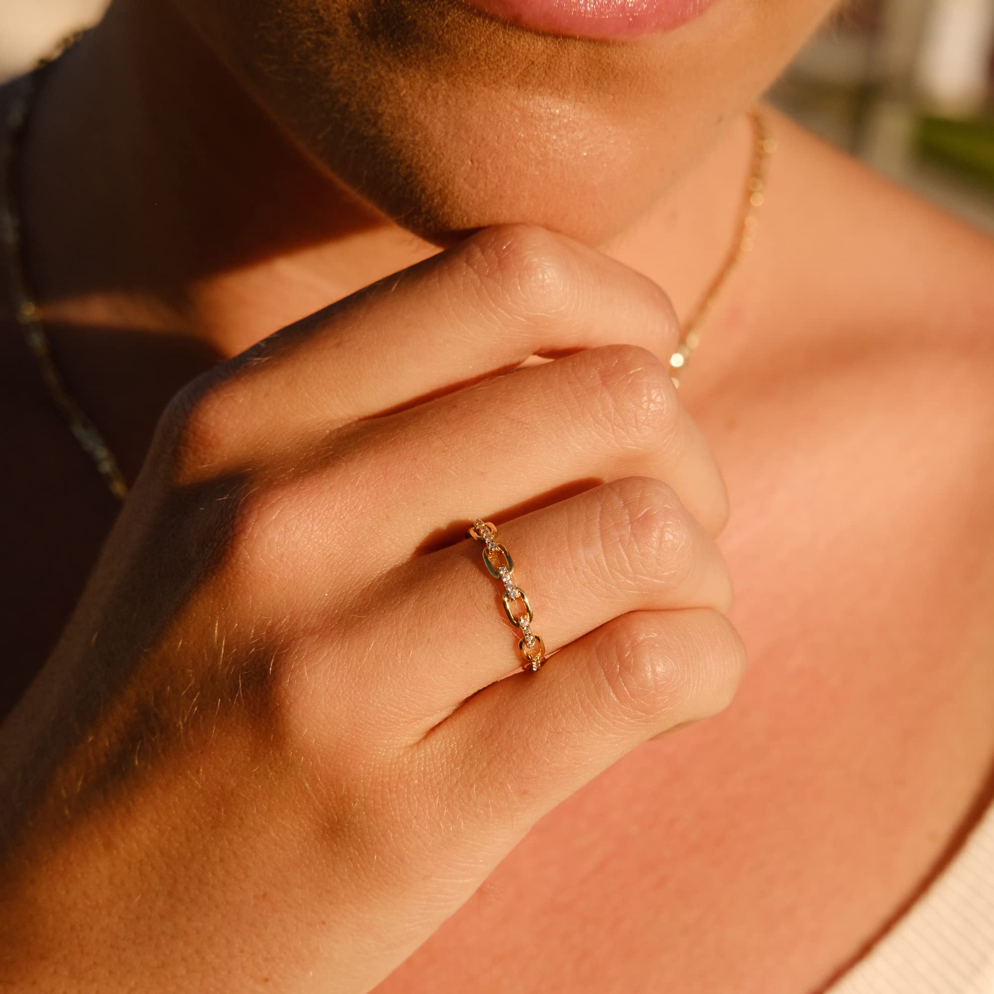 espere Open Link Ring 18K Gold Plated Sterling Silver | Pavé Chain Link Ring with Cubic Zirconia | Pave CZ Open Linked Ring Statement Braided Chain Ring [Size 7]