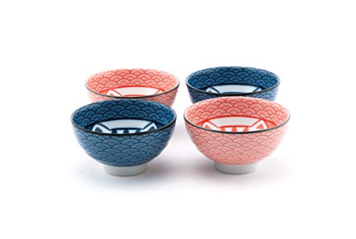 Fuji Merchandise Japanese Porcelain Multi Purpose 4.5" Diameter Bowl Set of 4 Maneki Neko Lucky Cat Meow Gift Set Made In Japan