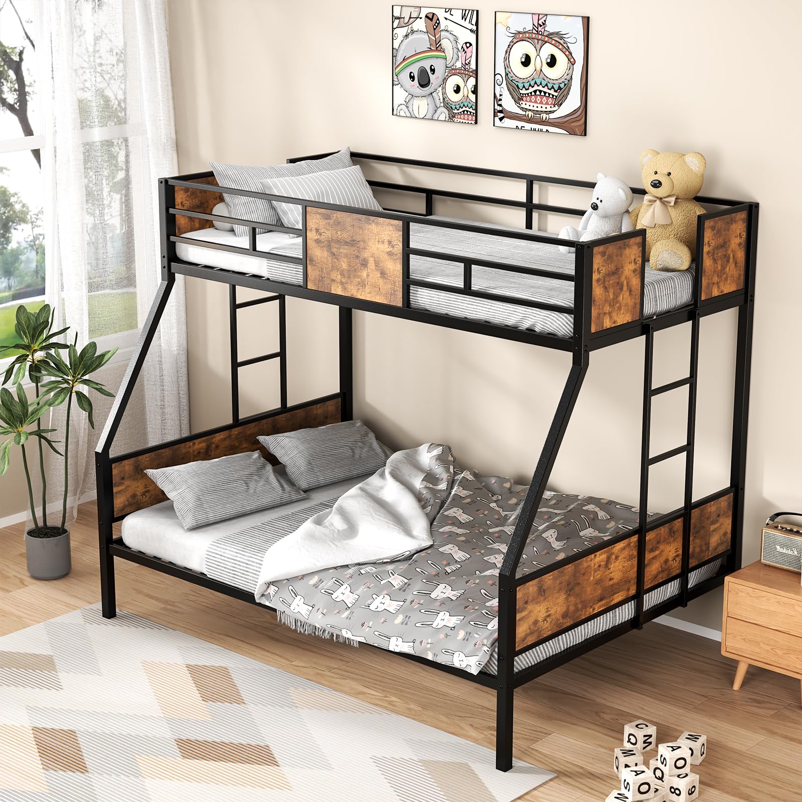 Kiivakii Metal Bunk Bed Twin Over Full with Side Ladders, Twin Over Full Bunk Bed with Sturdy Frame Supports, No Noise, Black and Brown