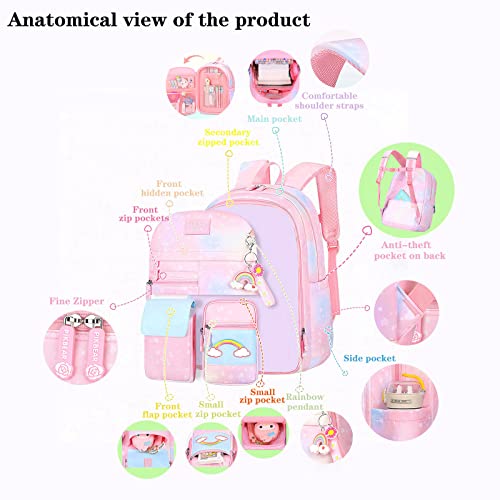 Jcobvig Kawaii Backpack For Girls Kids,Cute Student School Backpack With Pen Bag,Pink Aesthetic Starry Rainbow Laptop Travel Bag (Pink Medium 16.5in