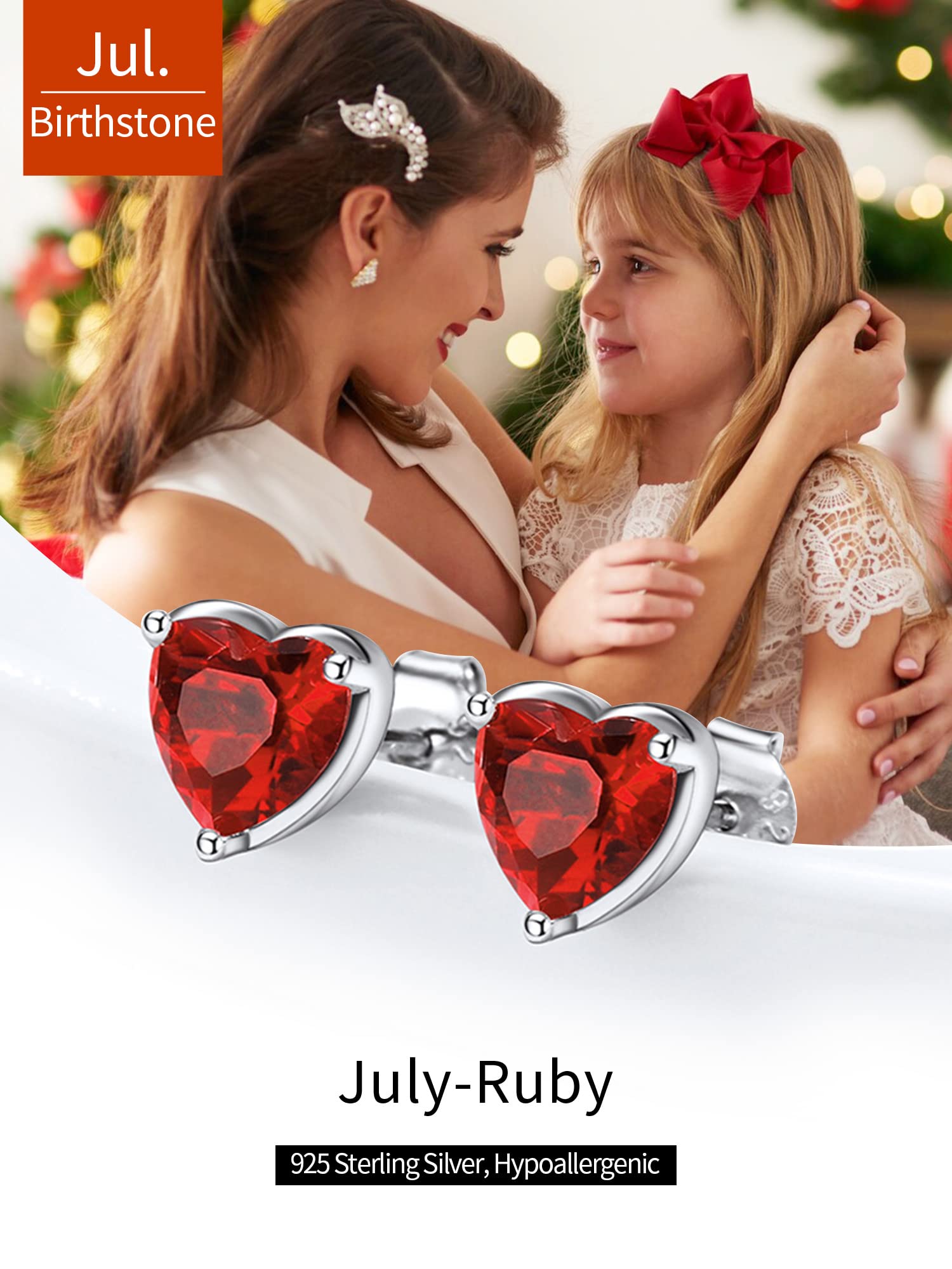 Women Earrings Hypoallergenic 925 Sterling Silver Love Heart Earrings Studs Red Cubic Zirconia Ruby Gemstone July Birthstone Stud Earrings for Sensitive Ears