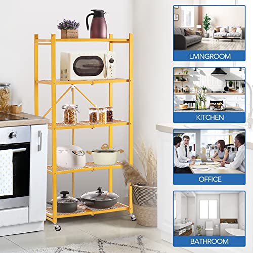 ShanSon Storage Shelves with Wheels 5 Tier Heavy Duty Foldable Metal Rack Storage Shelving Units for Garage Kitchen,Yellow