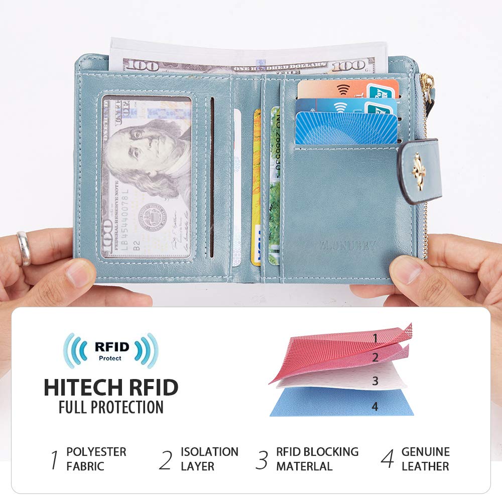 ZLONUBEY Wallet for Women Genuine Leather RFID Blocking Small Women Wallets Bifold Card Case with Zipper Pocket(Blue)