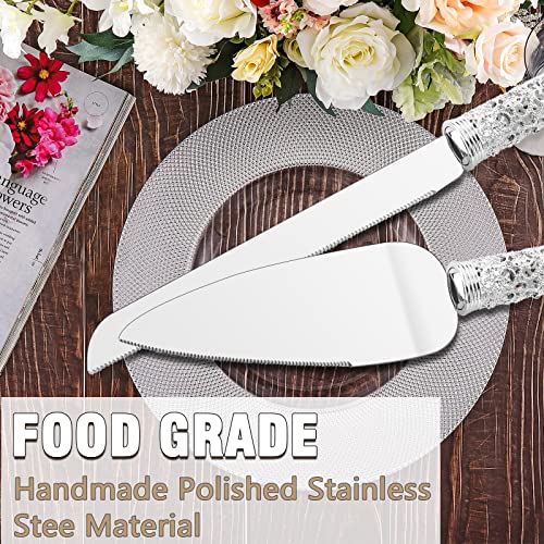 Jozen Gift Wedding Silver Cake Knife and Server Set - 2 Pcs Dessert Set Metal Handle with Crystal Stones Decoration for Wedding, Anniversary Party Birthday Banquets,Gifts for Bride and Groom