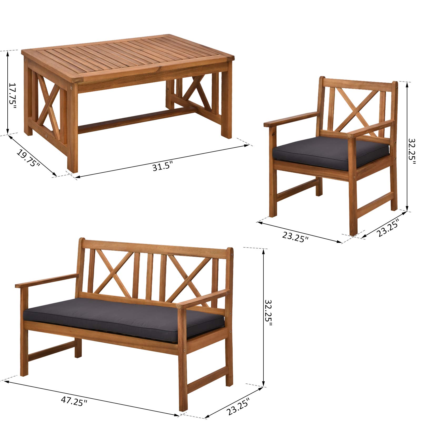 Outsunny 4 Piece Acacia Wood Outdoor Patio Furniture Set with 2 Armchairs, 1 Sofa, & 1 Coffee Table, Cushions Included