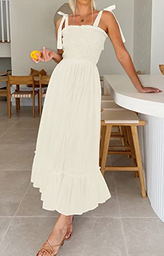 ZESICA Women's 2023 Summer Boho Spaghetti Strap Square Neck Solid Color Ruffle A Line Beach Long Maxi Dress,Apricot,Small