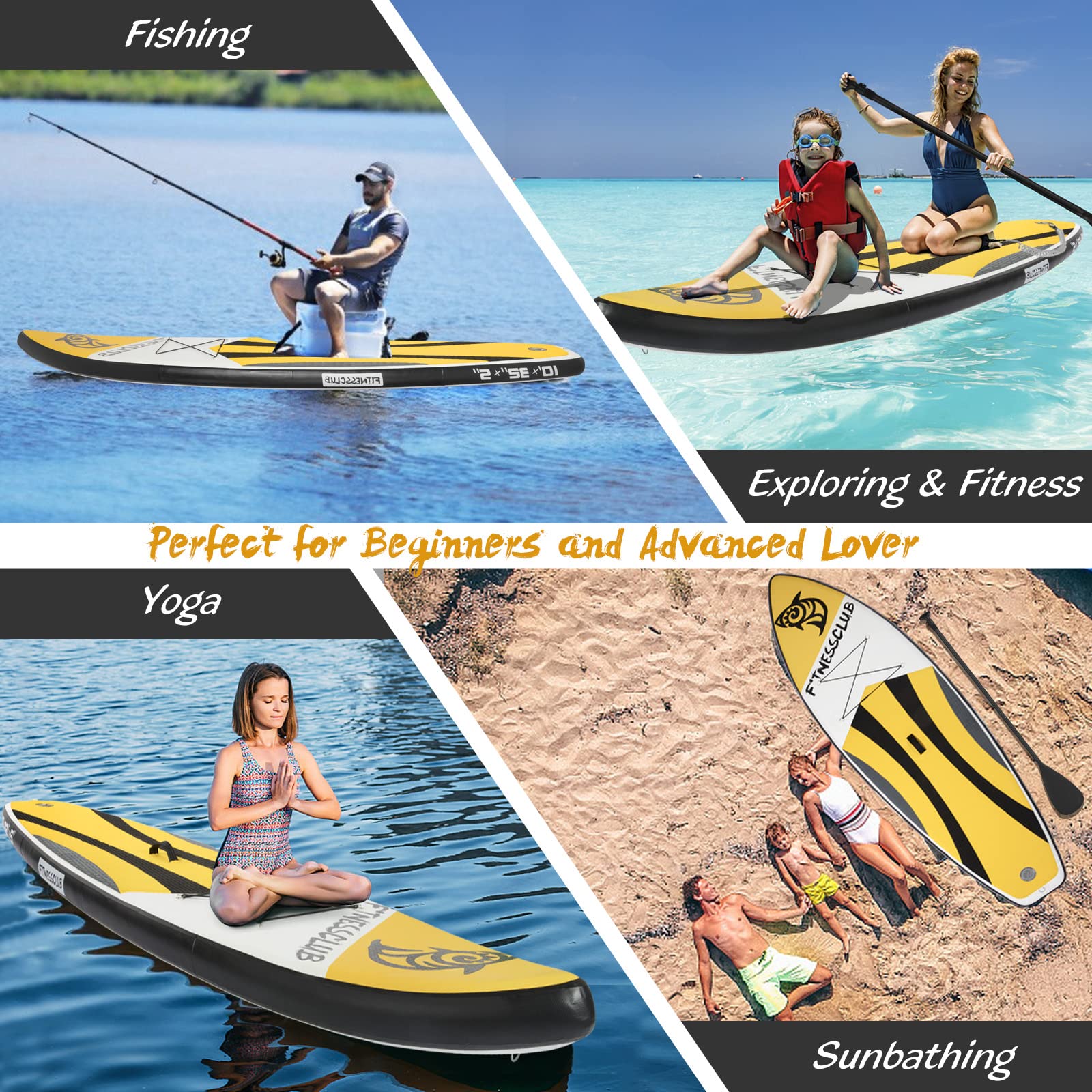 Fitnessclub 10'x32''x5'' Inflatable Stand Up Paddle Board,Yoga Board,Camera Seat, Floating Paddle with SUP Accessories, Adjustable Paddle,10L Waterproof Bag,Pump, Backpack for Youth Adult(Yellow)