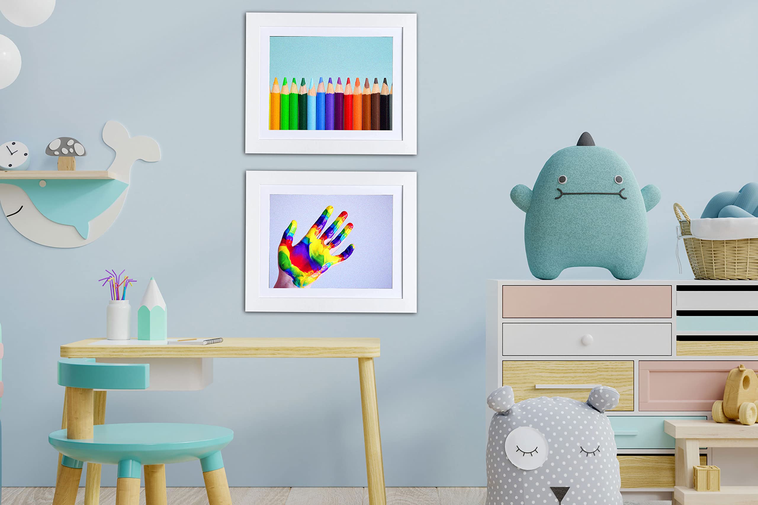 FrameWorks 10β x 12.5β White Wooden Kid Art Frame with Gallery Style Edges, Tempered Glass, and Elastic Straps