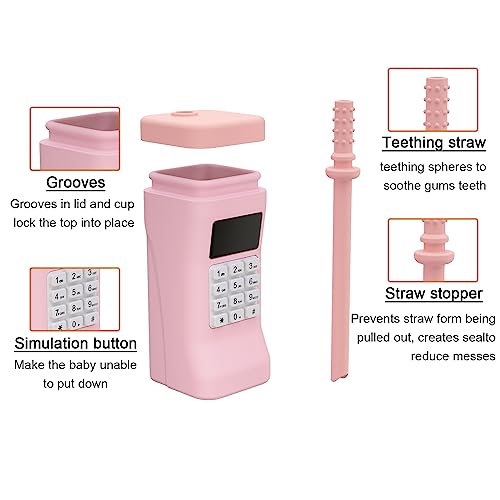 ZFQQ 100% Silicone Baby Training Cup With Teething Straw, Three Optional Colors | Spill Proof Silicone Toddler Cups | Baby Drinking Cup With Straws And Lid 6.8 Oz, For 6+ Months, Bpa-Free (Pink)