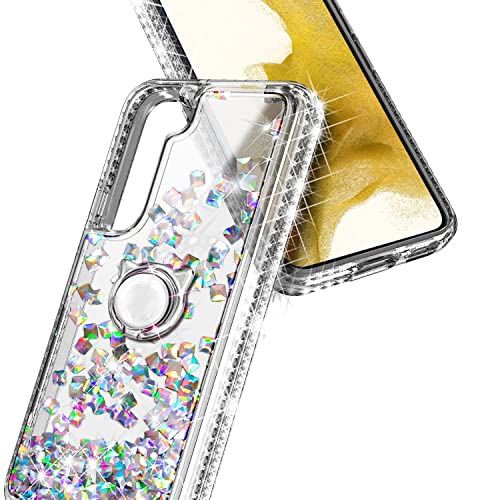 NGB Supremacy Compatible with Samsung Galaxy S23 Plus Case (6.6 Inch) with Tempered Glass Screen Protector, Ring Holder/Wrist Strap, Girls Women Bling Liquid Floating Glitter Cute Case (Gem)