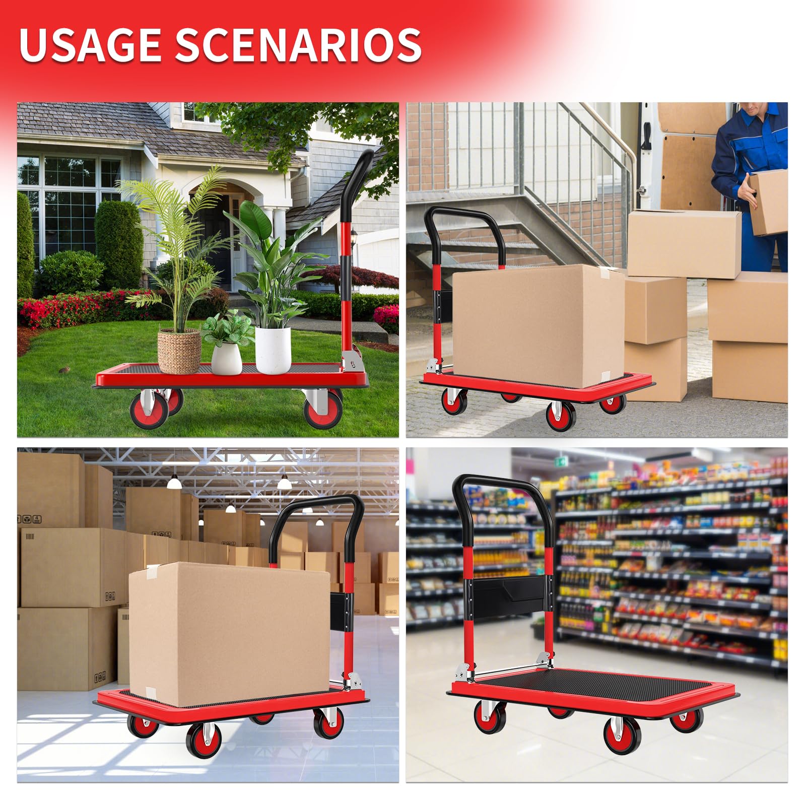 Heavy Duty Steel Platform Truck Cart,1200 lbs Weight Capacity and 360 Degree Swivel Wheels, Foldable Push Hand Cart for Loading and Storage, Reinforced Base Plate (Red,Large)