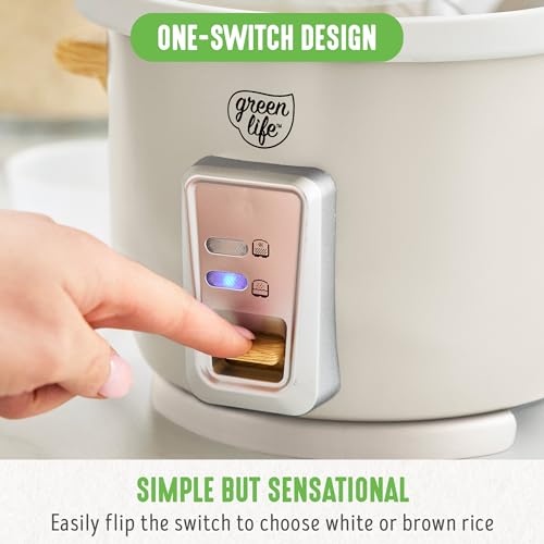 GreenLife 6-Cup Rice Cooker Steamer, PFAS Free Removable Ceramic Nonstick Pot, Auto Presets, Wood Print Handle, Keep Warm Function, One Touch Design, Dishwasher Safe, Measuring Cup, Rice Paddle, Cream