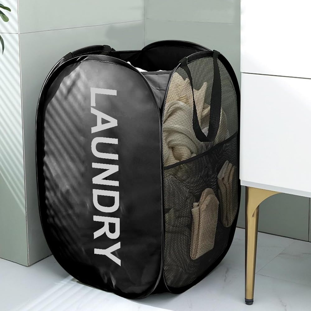 Larpur Pop Up Laundry Baskets, 2 Pack Mesh Laundry Hampers Collapsible Clothes Hampers for Home, Dorm, Travel (Black + Pink)