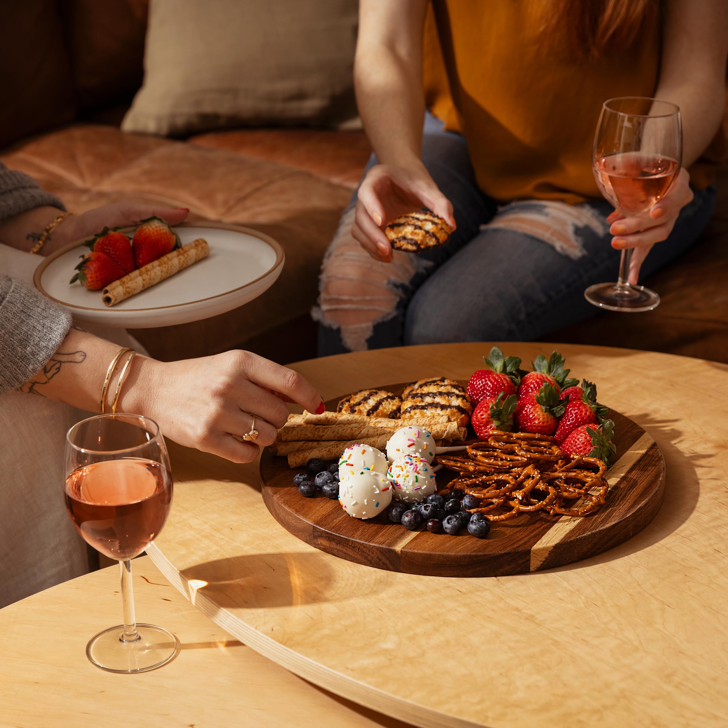 Laser Engraved Acacia Serving Board, 13 Inch Round Charcuterie Platter, Natural Wood Server for Meat, Cheese Board, and Party Appetizers, Grazing Board