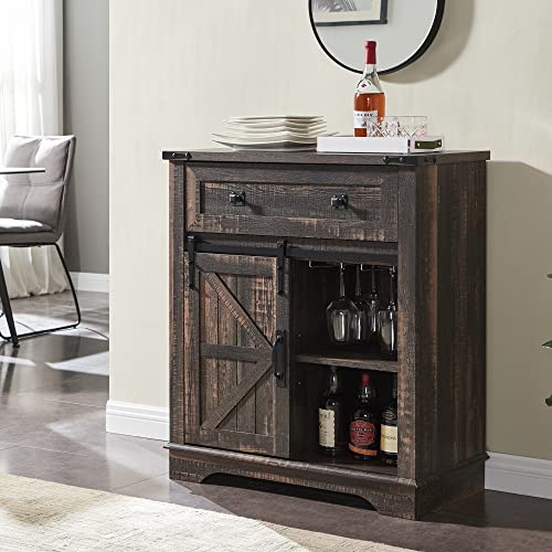 OKD Farmhouse Coffee Bar Cabinet, 32" Sliding Barn Door Buffet Sideboard Cabinet with Drawer, Adjustable Storage Shelves, Wooden Accent Cabinet for Kitchen, Living Room, Dining Room(Dark Rustic Oak)