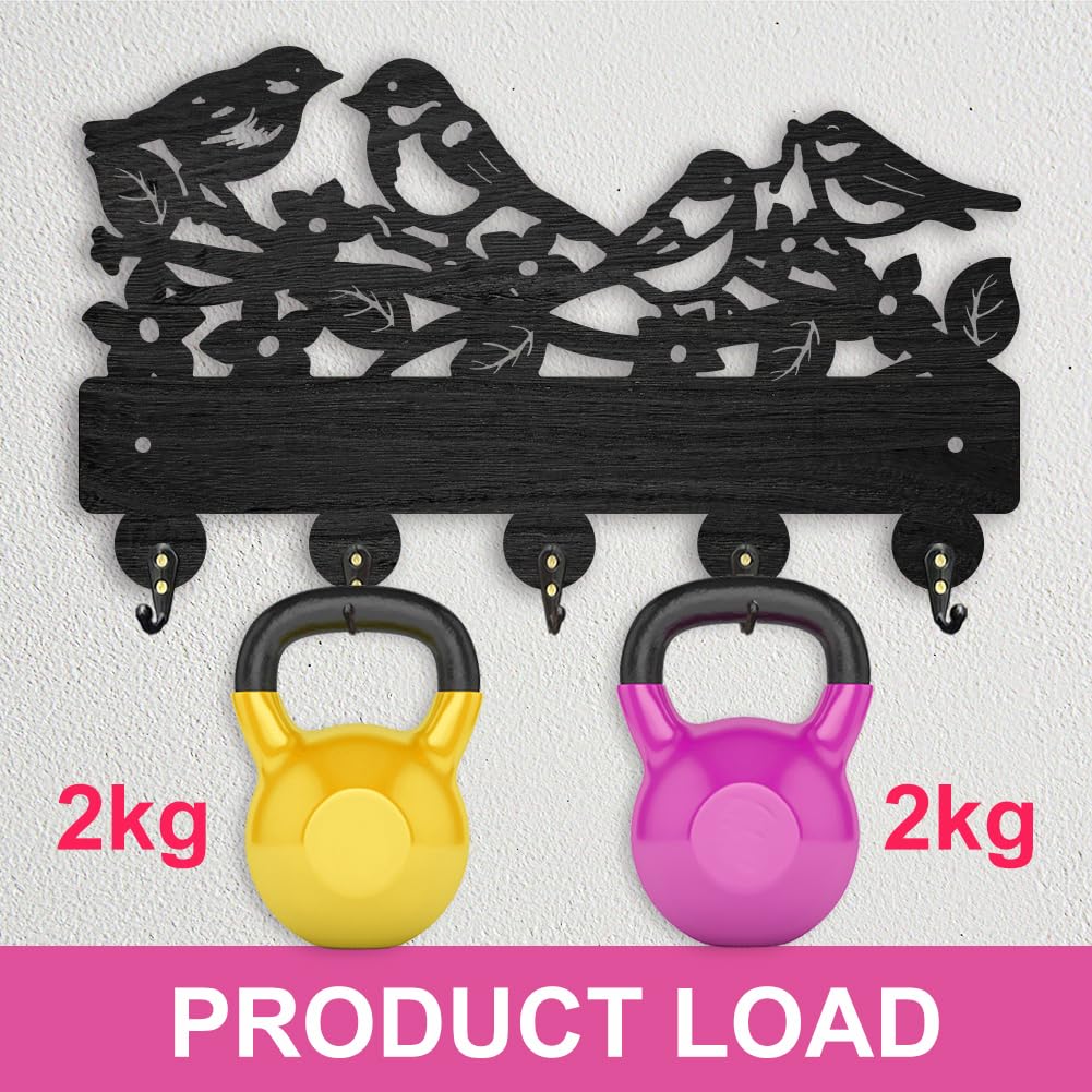ORIGACH Wooden Bird Key Hangers with 5 Hooks Key Holder for Wall Birds on Flowering Branches Wall Mounted Black Coat Hangers Home Decor for Front Door Kitchen Entryway Bedroom - 11.8x6.7inch