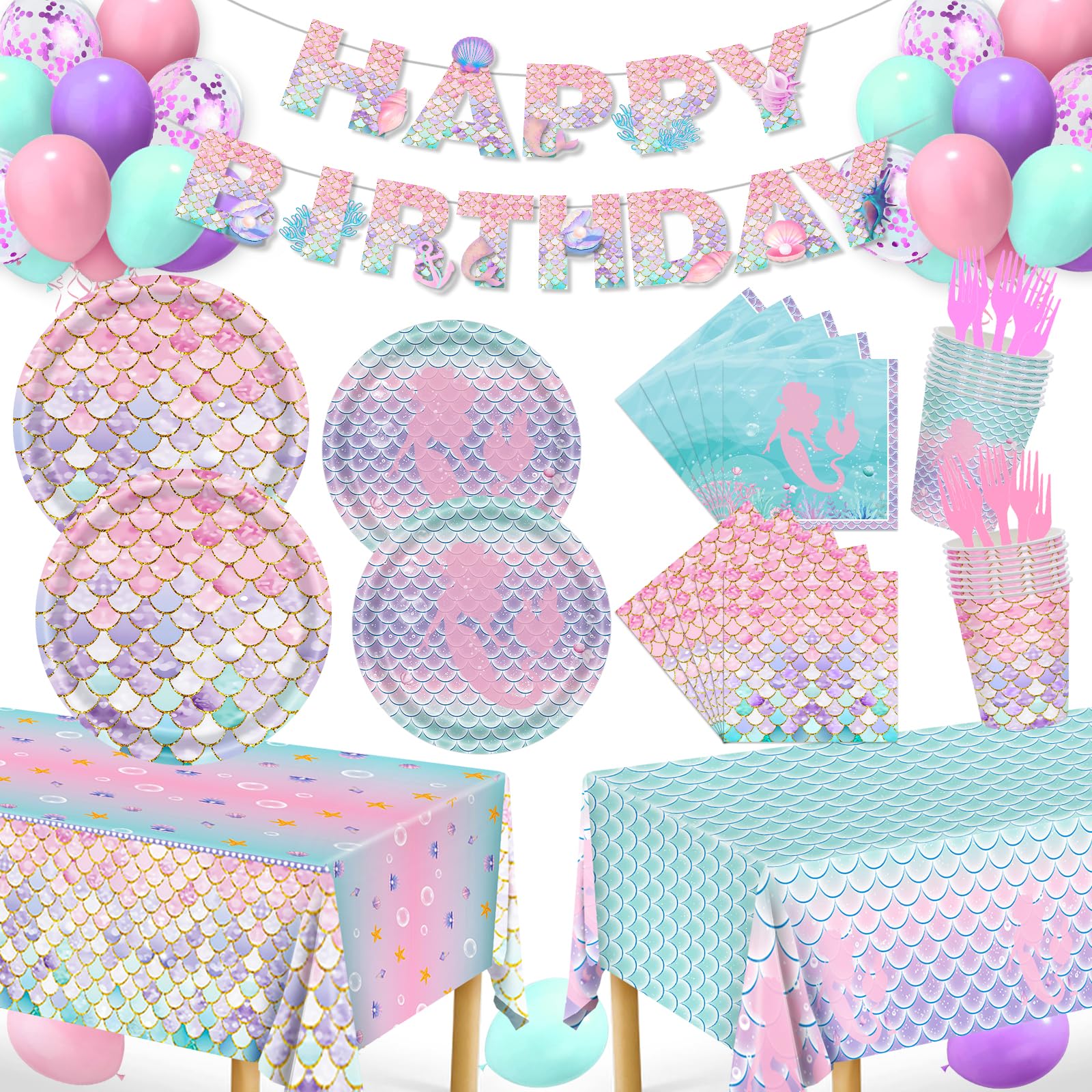 Mermaid Birthday Decorations, 147Pcs Mermaid Party Supplies-Serves 24 with Mermaid Plates and Napkins Tablecloth and Birthday Banner Balloons for Mermaid Theme Party Decorations