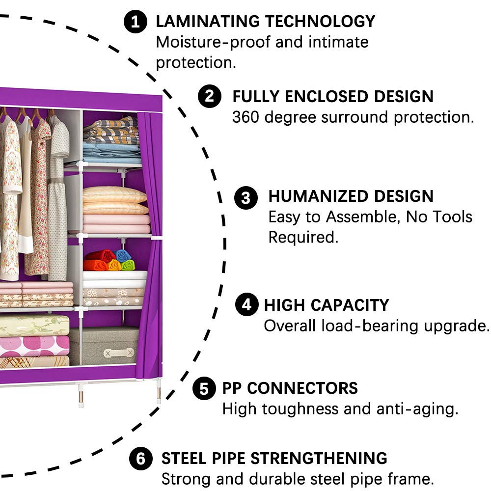 ZZBIQS Clothing Wardrobe Closet, Portable Non-Woven Fabric Garment Clothes Wardrobe Storage Organizer Shelf Rack, DIY Armoire Storage with Hanging Rod(Purple)