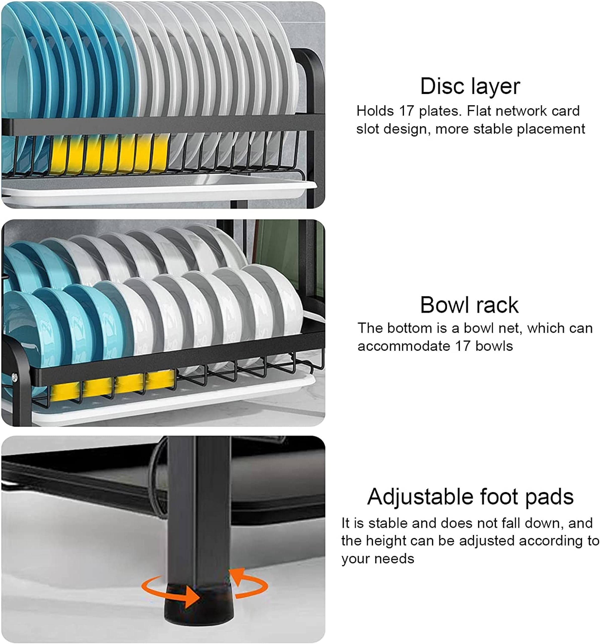 Dish Drainer, 2 Tier Stainless Steel Dish Drying Rack, Utensil Holder, Cutting Board Holder, Rust Proof Large Dish Drainer for Kitchen Counter, with Plastic Trays to Catch Drained Water