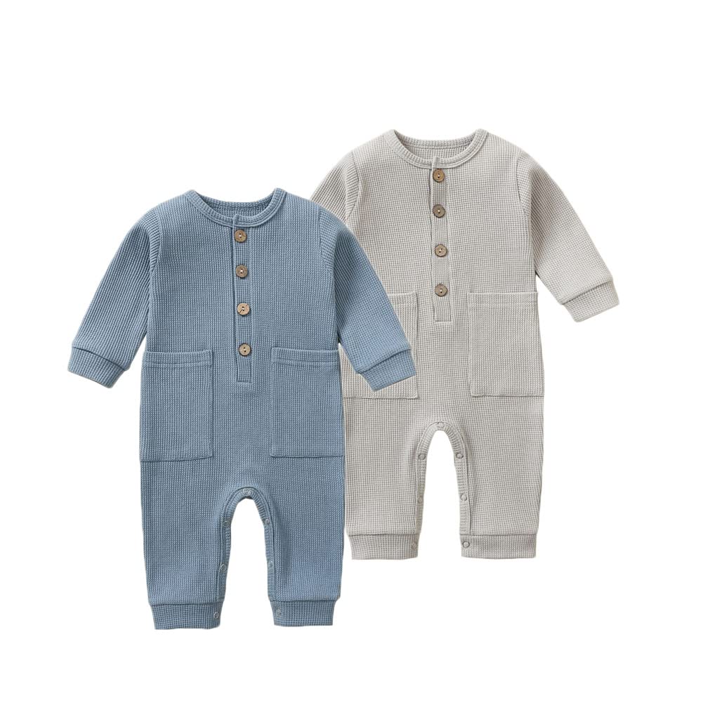 Feidoog Baby Boys Girls 2 Pack Solid Romper Button Long Sleeve One-Piece Jumpsuit Outfits Clothes Sets,Blue+Gray,3-6M