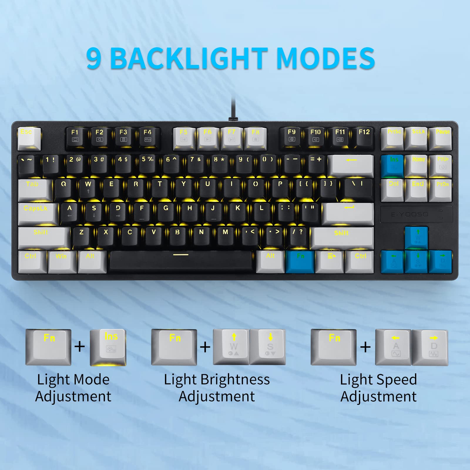 HUO JI E-YOOSO Z-87 Mechanical Gaming Keyboard 87 Key LED Backlit Wired with Anti-Dust Proof Switches Tenkeyness for Windows PC (Blue Switches,Black and Grey)