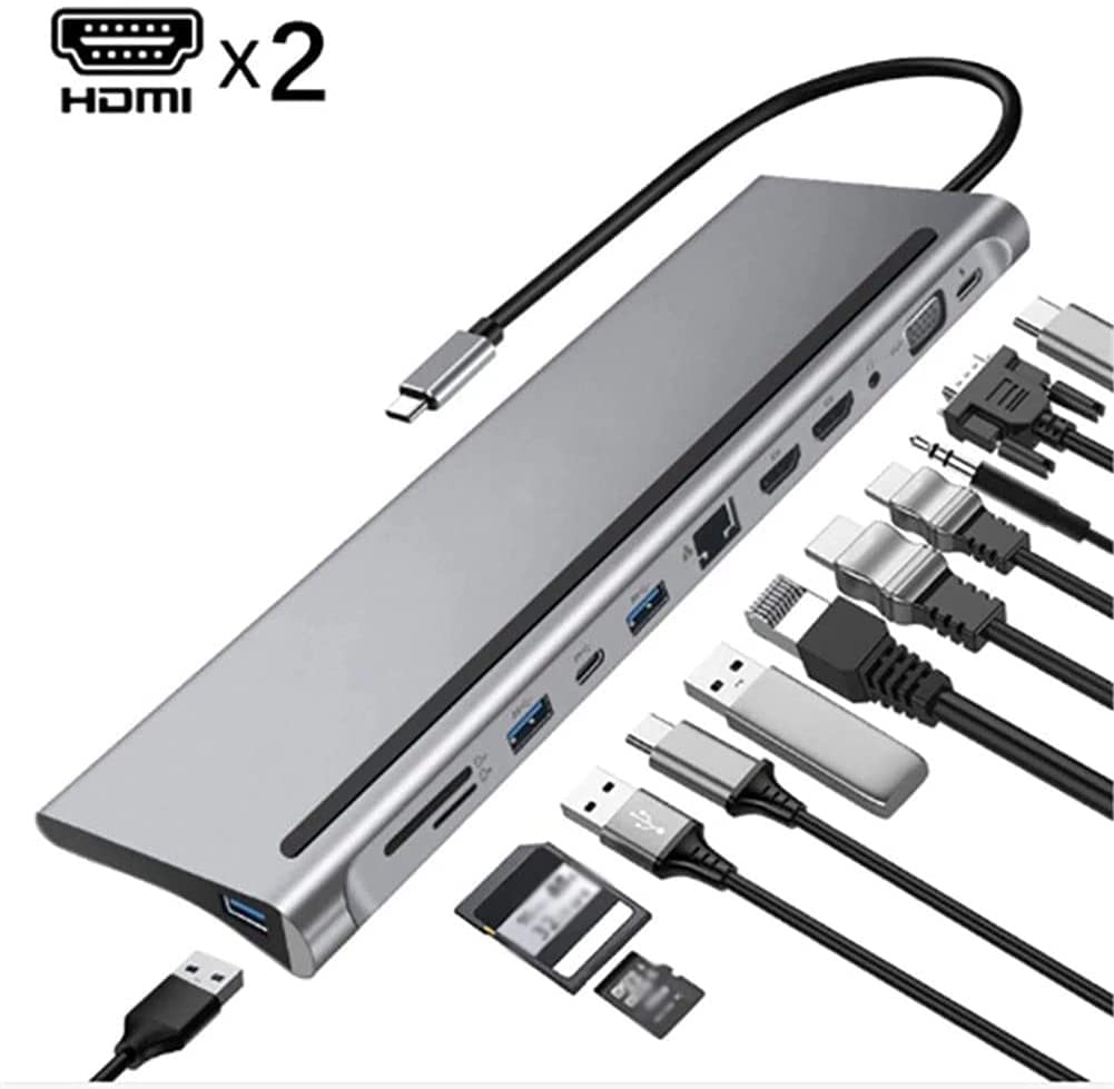 Feilx Ultra-Slim Data USB Hub,12 in 1 USB C Hub Laptop Docking Station Type-C to Dual HDMI-Compatible/VGA/USB 3.0 Hub/PD/RJ/Micro-SD/TF Card Dock Adapter