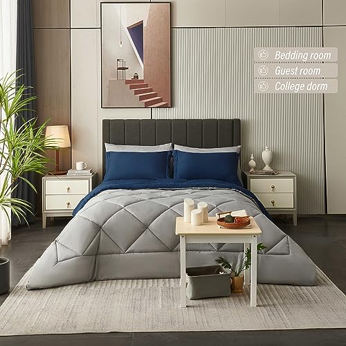 YANYIJING King Size Comforter Set - 8 Pieces Reversible Bed in A Bag King, King Bed Set with Comforters, Sheets, Pillowcases & Shams, Navy Blue King Bedding Set