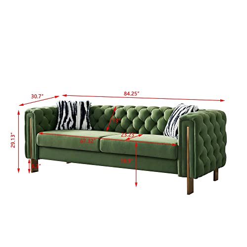 Melpomene Modern Button Tufted Velvet Sofa, Chesterfield Sofa with Square Arm,Gold Metal Legs and 2 Throw Pillows for Living Room(Mint Green)