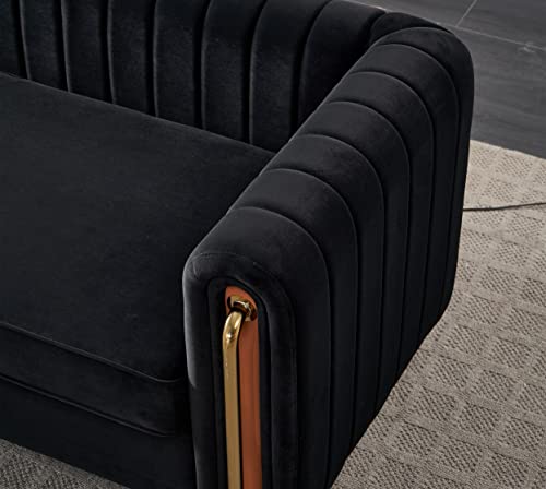 Melpomene Vertical Channel Tufted Velvet Sofa with Round Arm and Gold Metal Legs,Armrest 84.25" W(Black)