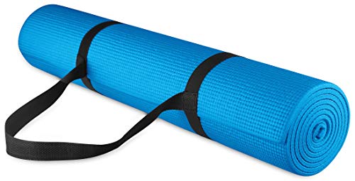 Fitvids All Purpose 0.25 Inch Thick High Density No Tear Exercise Yoga Mat with Strap & Lightweight Features for Indoor & Outdoor Use, Blue
