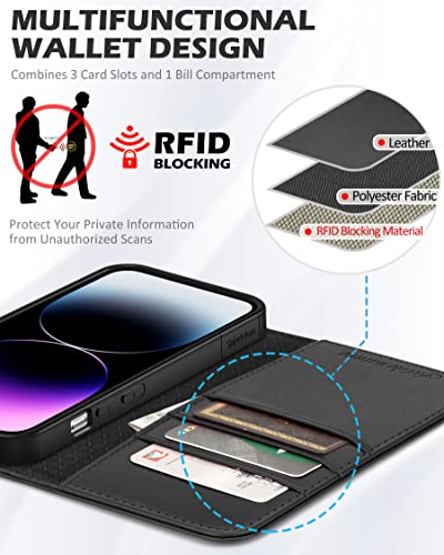 SHIELDON Case for iPhone 14 Pro Max 5G 6.7", Genuine Leather iPhone 14 Pro Max Wallet Case Flip Cover RFID Blocking Card Slots Magnetic Closure Case Compatible with iPhone 14 Pro Max 2022 - Black