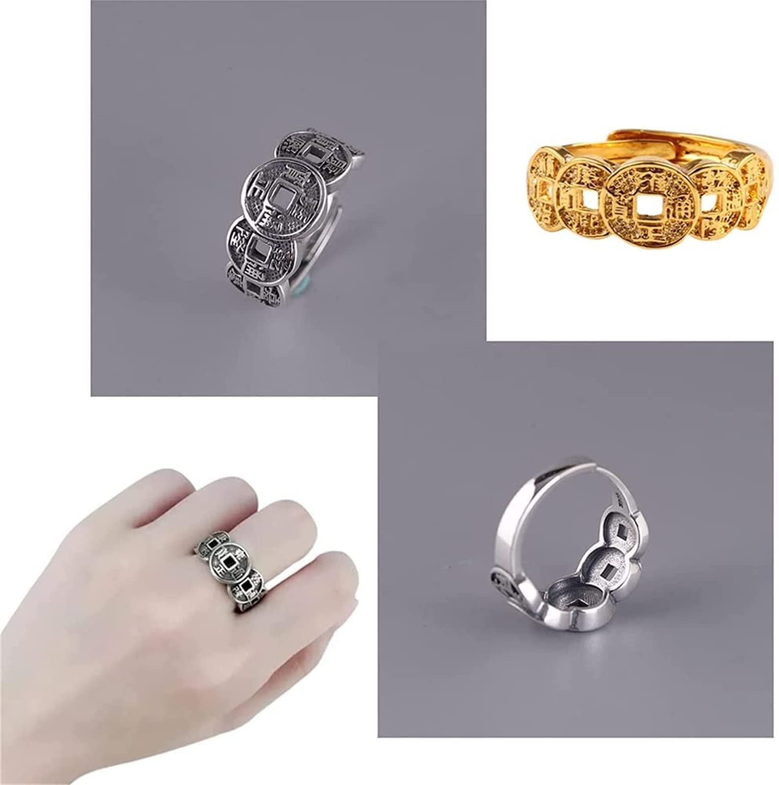 Five Emperor Coin Auspicious Ring,Retro Lucky Index Finger Ring Silver, Vintage Handmade Open Adjustable Ring Lucky Coin,Unisex Attract Wealth Money and Good Luck Ring (Silver)