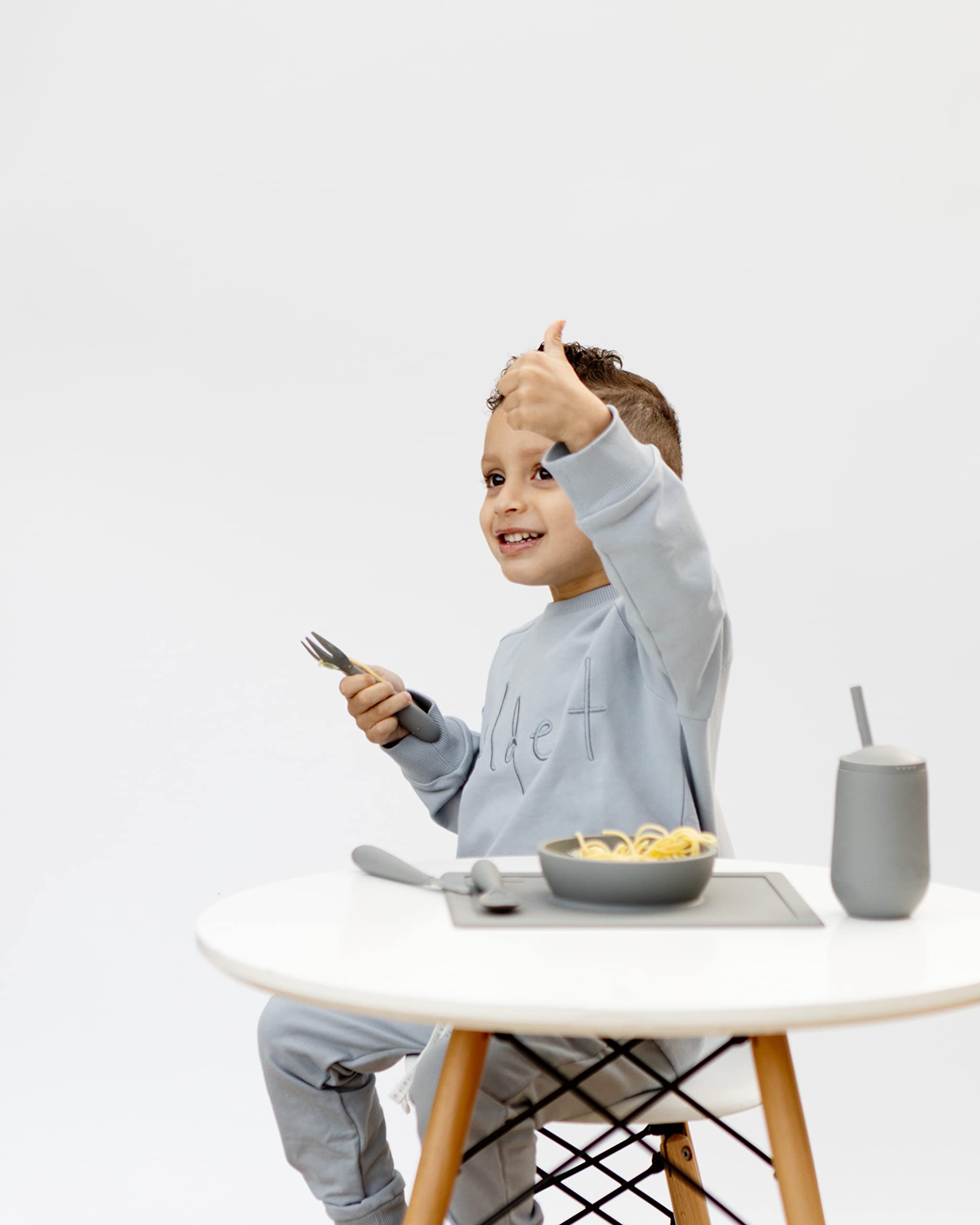 ezpz Happy Utensils - 100% BPA Free Fork, Spoon & Knife for Toddlers + Preschoolers + Self-Feeding - Designed by a Pediatric Feeding Specialist - 24 Months+ (Gray)