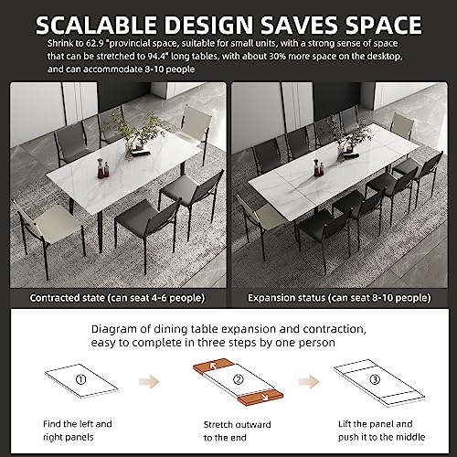 Luck Live 62.9'' to 94.4'' Extendable Dining Tables for 4 to 8 - New sintered Stone Material Rectangle Dining Table -High Hardness,White, Easy