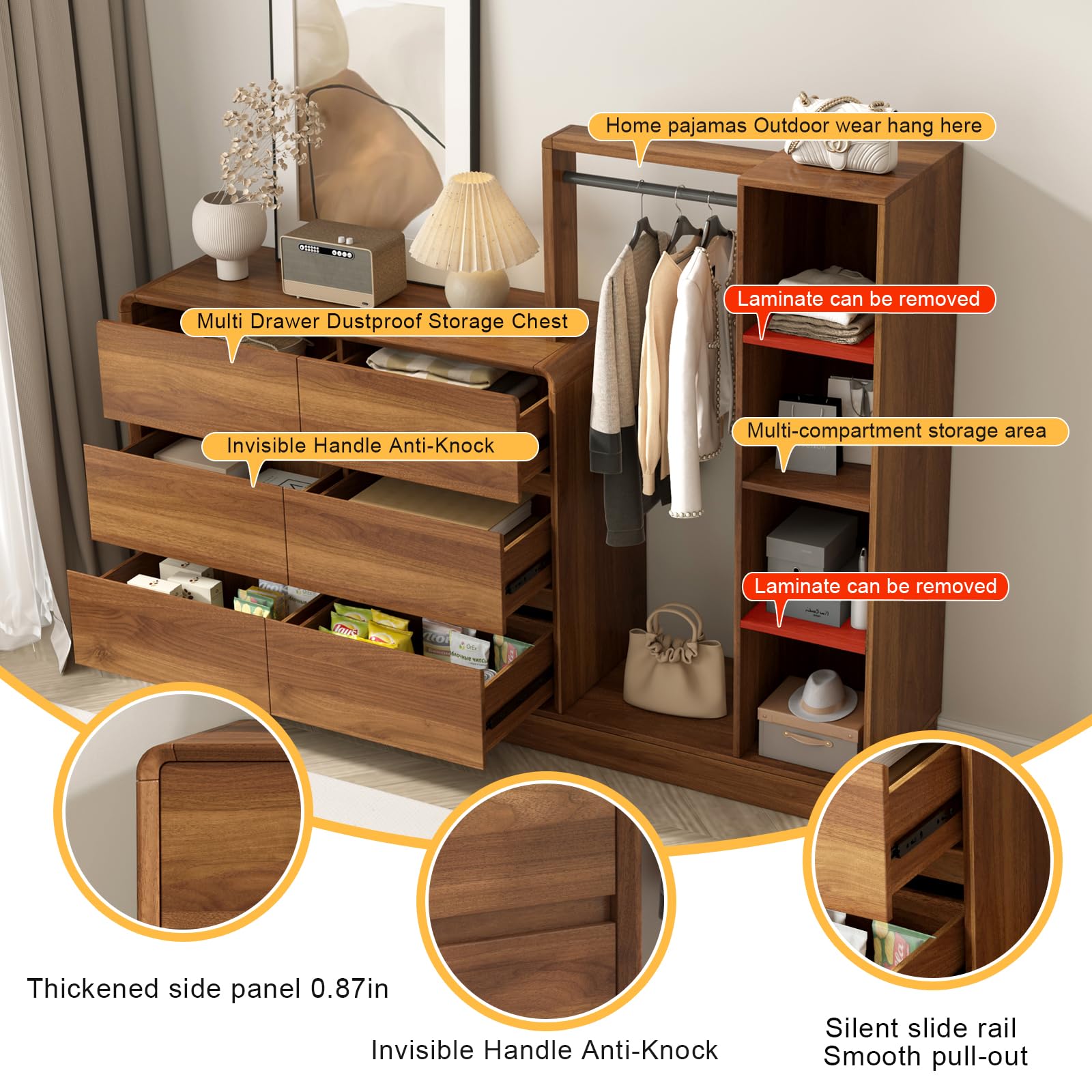 Messenya Dresser with Hanging Racks&Open Shelf Bookcase,Dresser for Bedroom with 6 Drawers Dresser with Clothes Rack, 4-Tier Bookshelf Wood Storage Unit