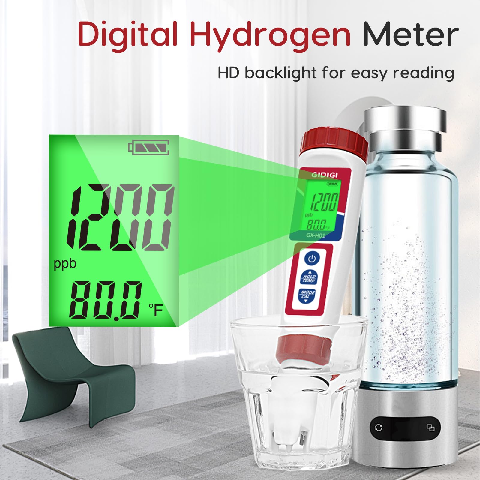 Hydrogen Tester, GIDIGI pH Meter, Digital pH TDS Meter for Water, Accurate ORP Meter, 4 in 1 pH H2 ORP Temp Test kit for Hydrogen Water Bottle, Hydrogen Water ppb/ppm Tester with ATC