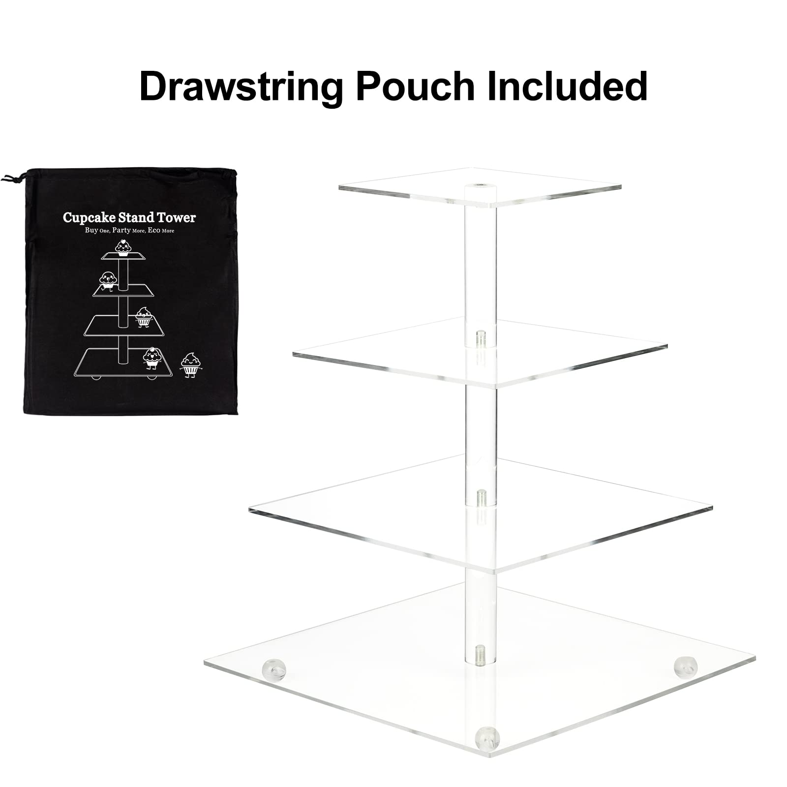 Cupcake Stand with Base, 4-Tier Square Acrylic Cupcake Display Stand Dessert Tower Pastry Stand Premium Cupcake Holder for Wedding Birthday Theme Party - Transparent