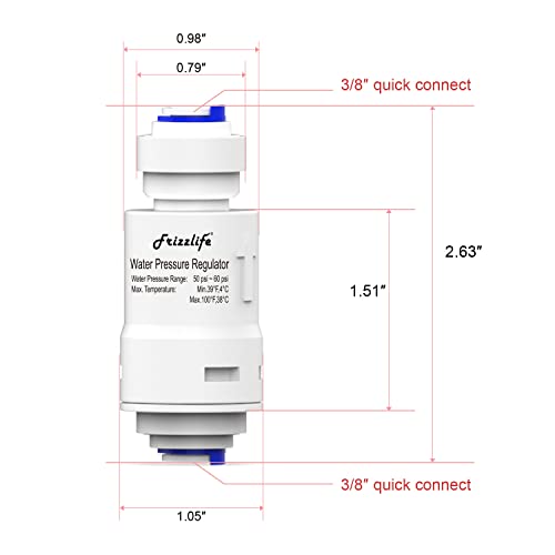 Frizzlife PRV3 Water Filter Pressure Regulator Protection Valve For Reverse Osmosis & Water Filter System, 60PSI, 3/8” Quick Connect Push Fit