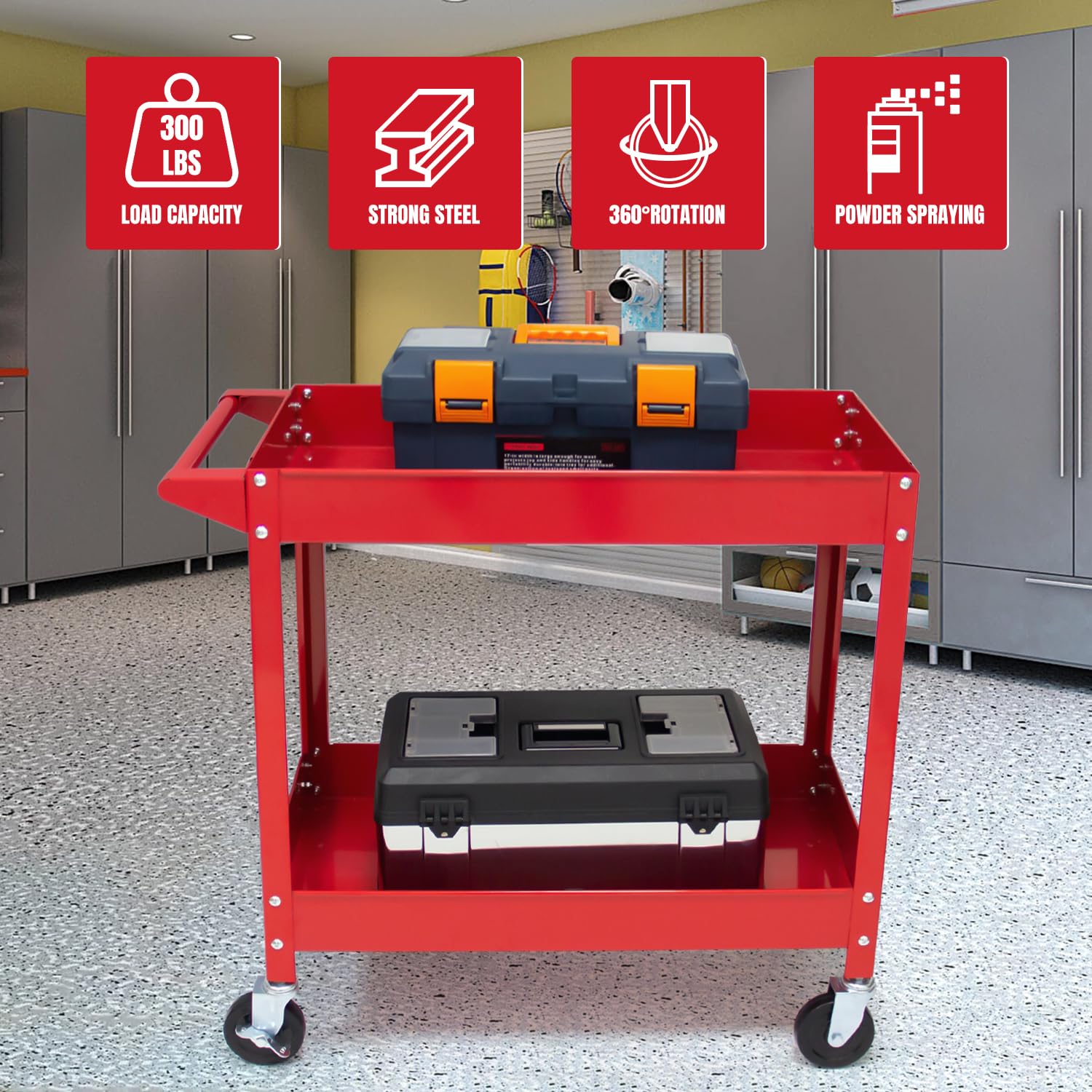 Generic 2 Tier Utility Service Cart 300 lbs, Steel Rolling Tool Cart on Wheels,Load Capacity for Mechanic Garage Warehouse Workshop & Repair Shop,Red