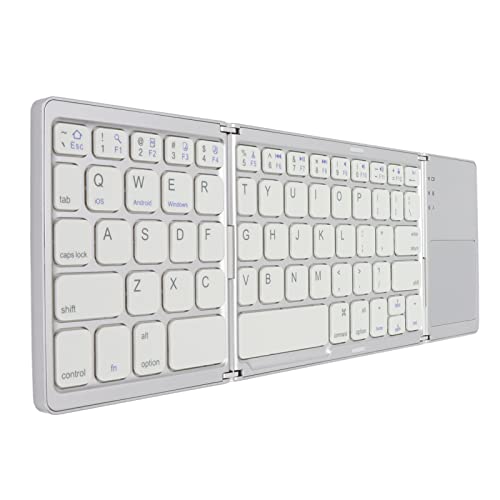 Hilitand Folding Wireless Bluetooth Keyboard with Touchpad,3 Folds 63 Keys Portable Slim Keyboard with Trackpad,for Smartphone Tablet Laptop,for Android for Windows for iOS(Silver White)