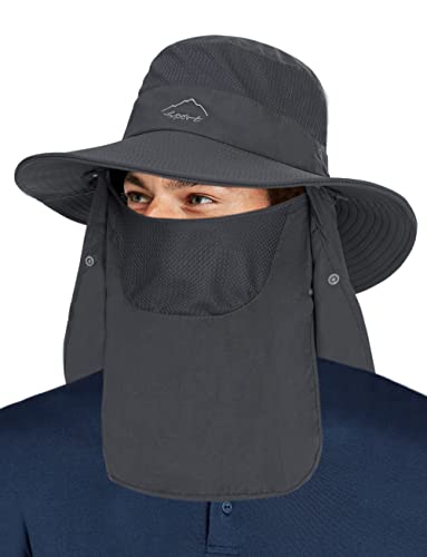 Men's Wide Brim Sun Fishing Hat Outdoor UPF 50+ Sun Protection with Removable Face and Neck Flap Dark Grey