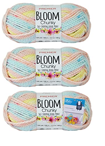 Premier Yarns Bloom Chunky - 3.5 Oz - #5 Bulky Weight - 3 Pack Bundle with Bella's Crafts Stitch Markers (Snapdragon)