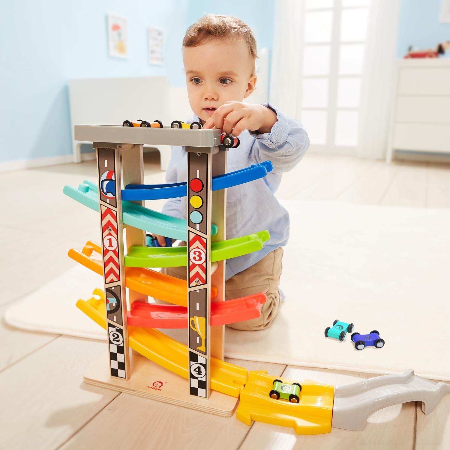 TOP BRIGHT Wooden Car Ramp Race Track Toy Toddler Car Playset Replacement Cars 12 Pack